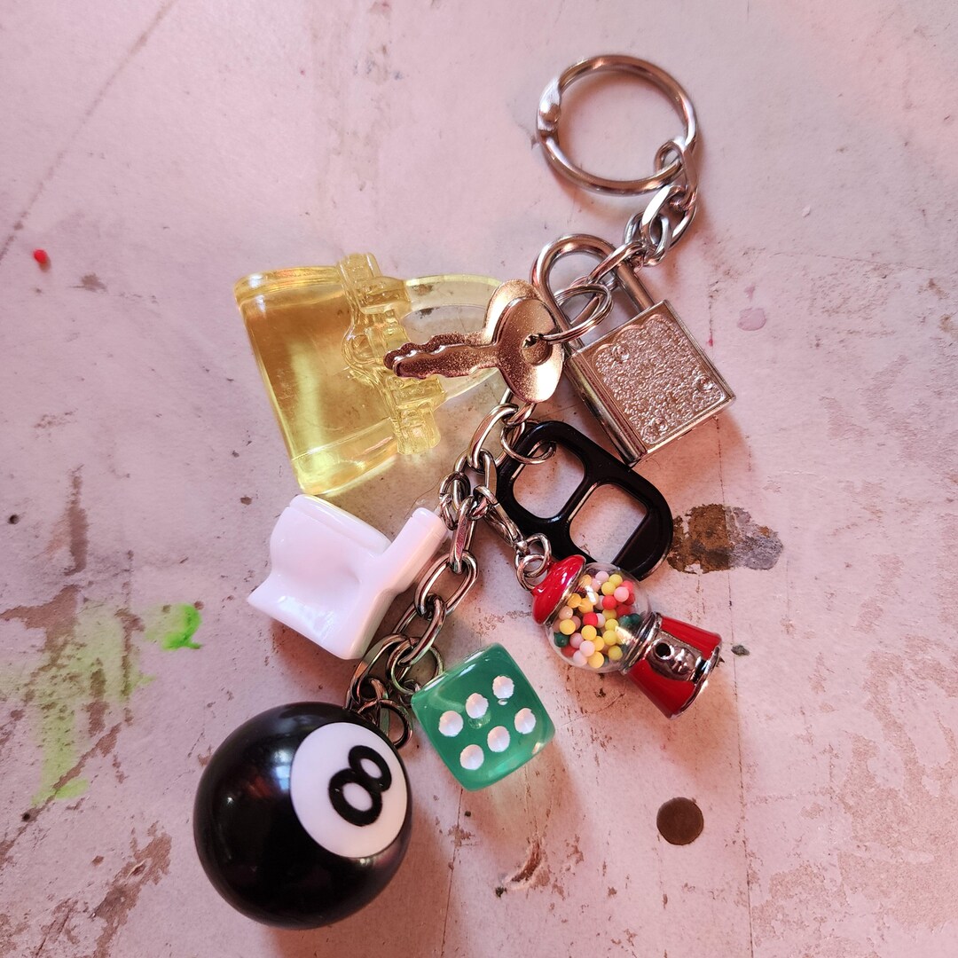 Y2K Inspired Charm Junk Keychain, 8-ball, Gumball, Dice, Toilet, Lock ...