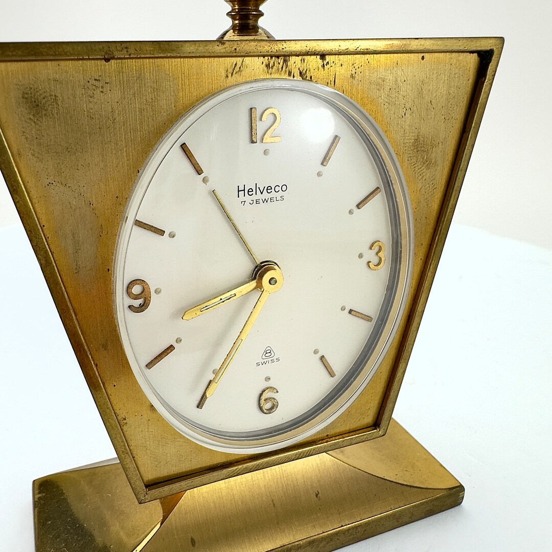 Helveco Mini Clock Vintage Triangle Shaped, Brass Retro Time Piece With ...