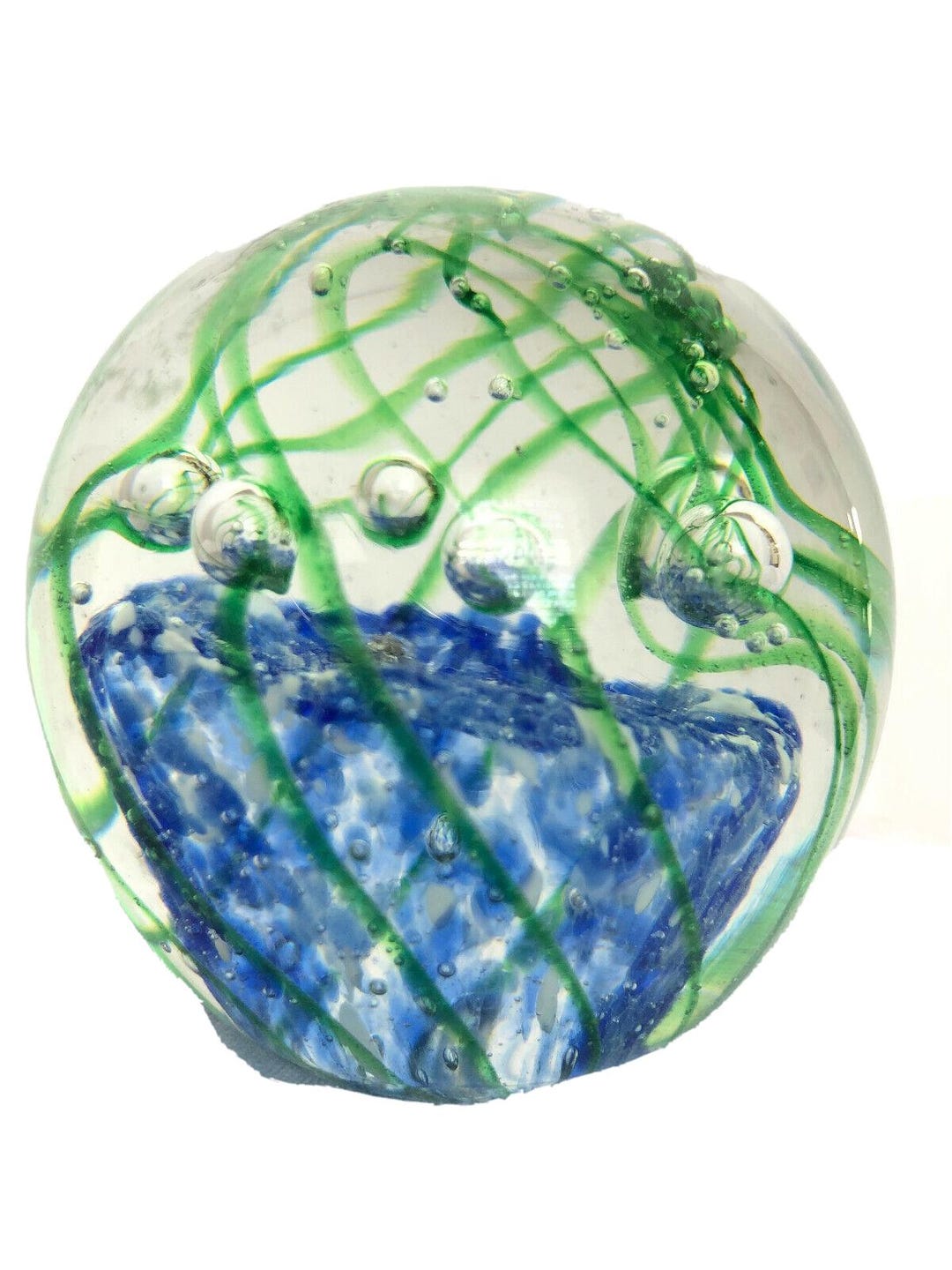 Vintage Glass Paperweight Ocean Blue Handblown Green Seaweed Bubbles ...