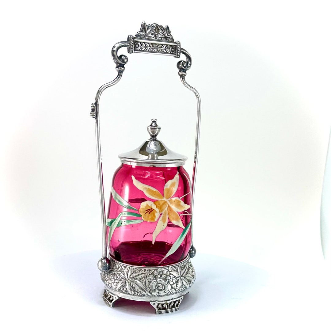 Floral Cranberry Glass Pickle Castor Set: Silverplate Pedestal Holder ...