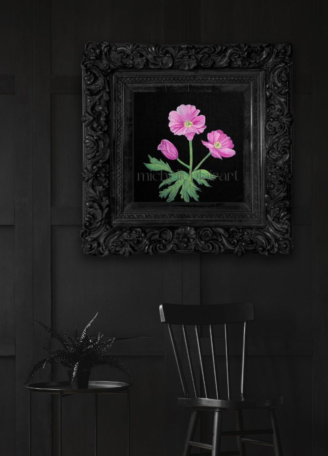 Botanical Wall Art Pink Poppies Black Gothic Cottagecore Floral Small ...