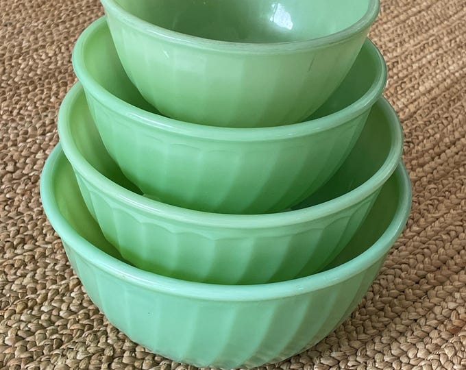 Vintage Fire King Jadeite Swirl Mixing Bowl Set of 4 Stacking Bowls Fire King Oven Ware Made in ...
