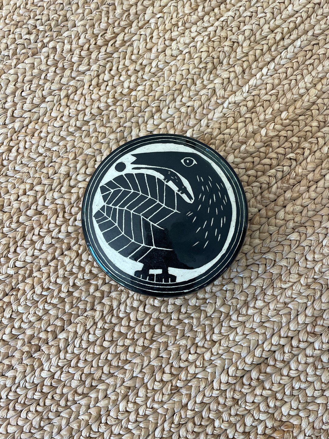 1990s Signed Curras Brothers Pottery Sgraffito Black and White Bird and ...