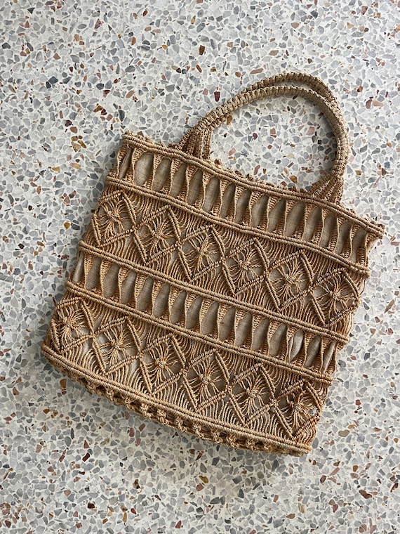 Vintage 1970s Macrame Tote Handbag with Liner - Straw… - Gem