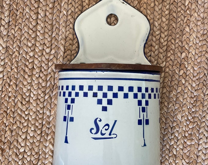 Vintage French Salt Cellar - Enamelware Blue and White Sel Box With ...
