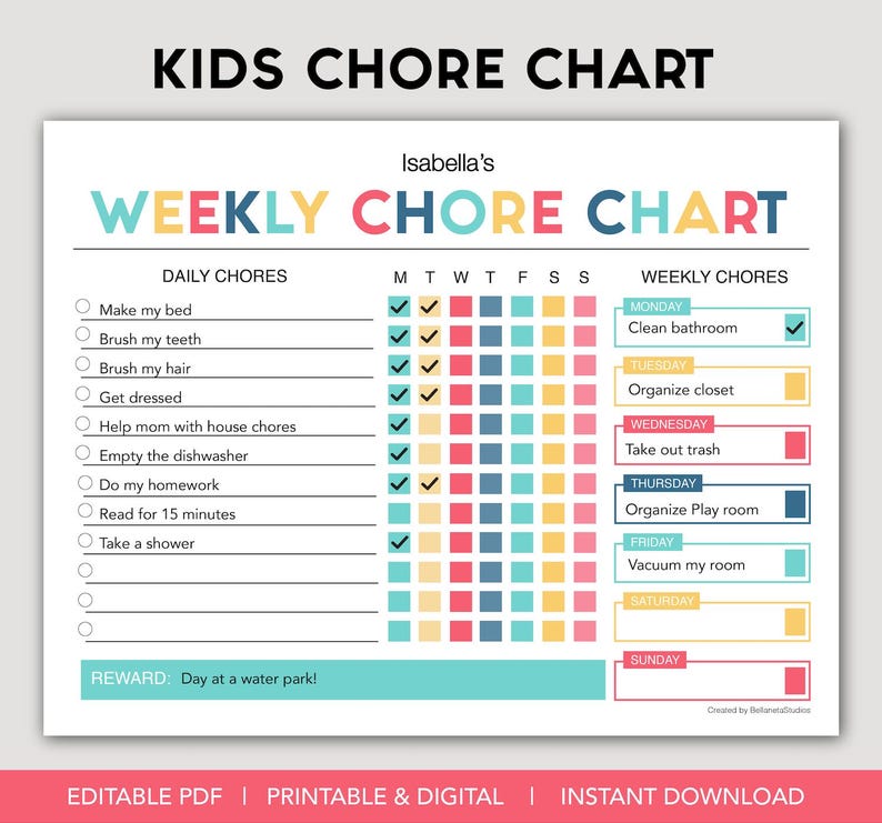 Editable Chore Chart for Kids Printable Kids Daily Weekly ...