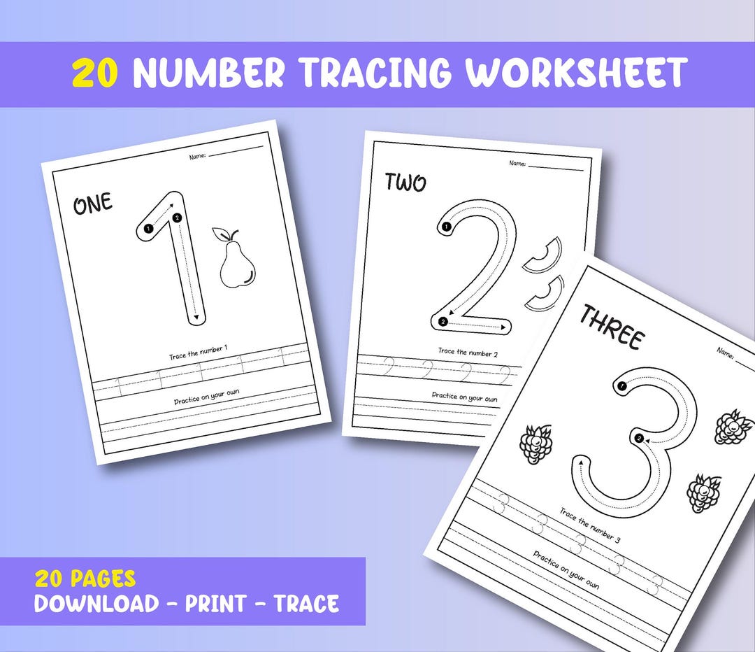 20 Number Tracing Worksheet for Kids, Handwriting Practice, Preschool ...