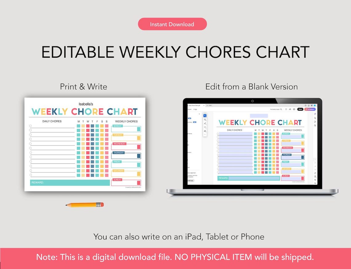 Editable Chore Chart for Kids Printable Kids Daily Weekly ...