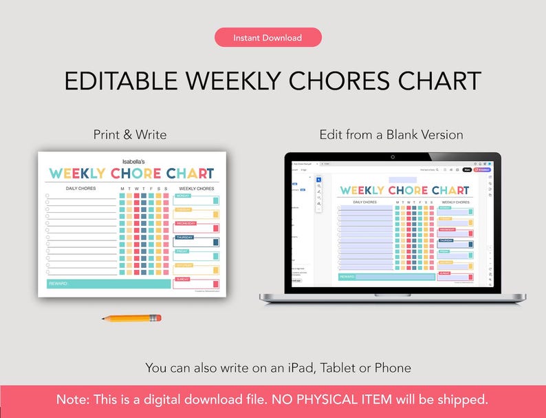 Editable Chore Chart for Kids Printable Kids Daily Weekly ...