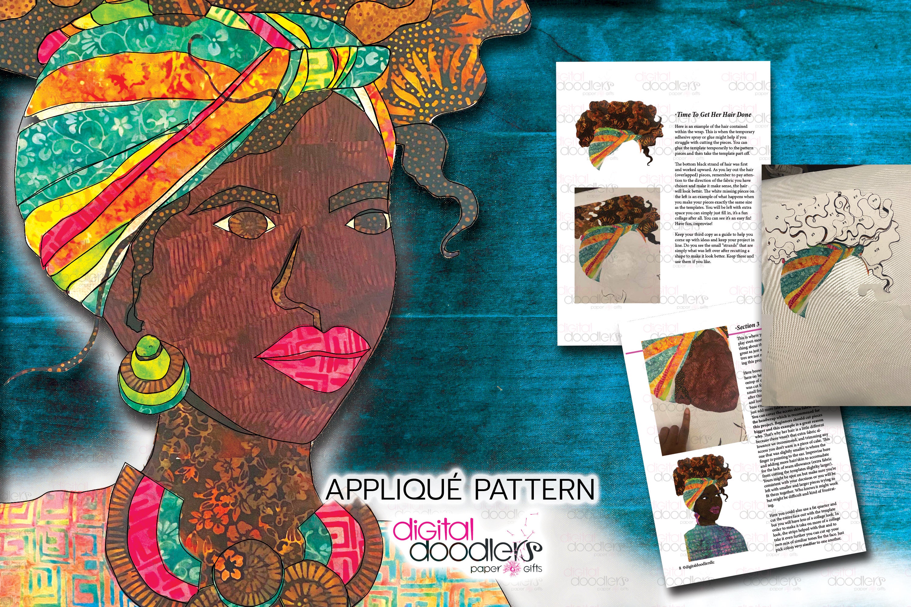 African Inspired Appliqué Pattern, Fun Diverse Fabric Collage Art ...