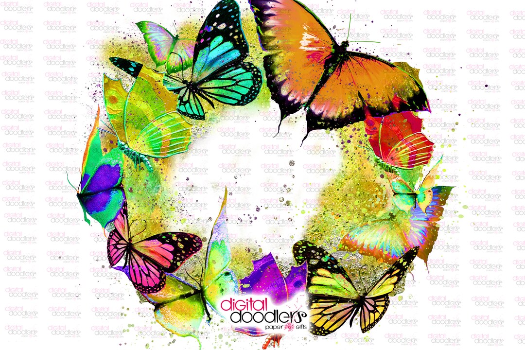 Bright Butterfly Circular Digital Frame, Spring Canva Clipart, Colorful ...