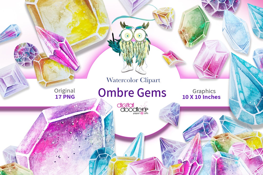 Ombre Watercolor Gems, Painted Gemstones, Clipart, Graphics, Crystal ...