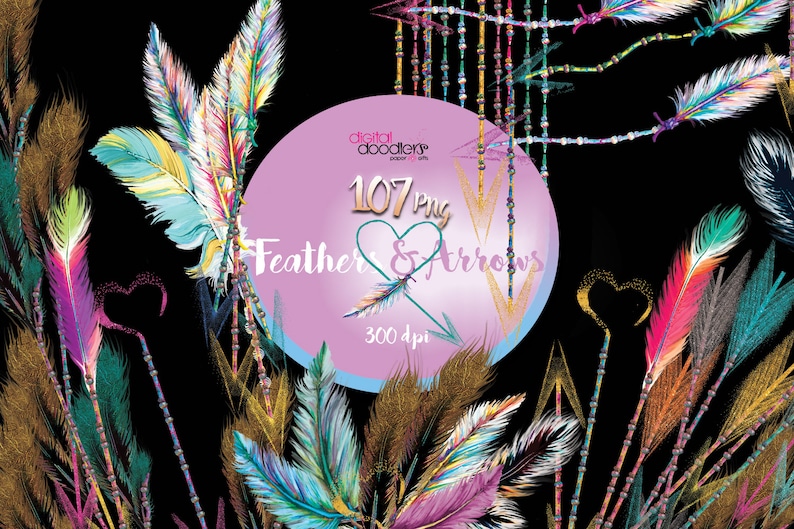 107 PNG, Ultimate Glitter Embellished Feathers & Arrows Bundle, Clipart ...