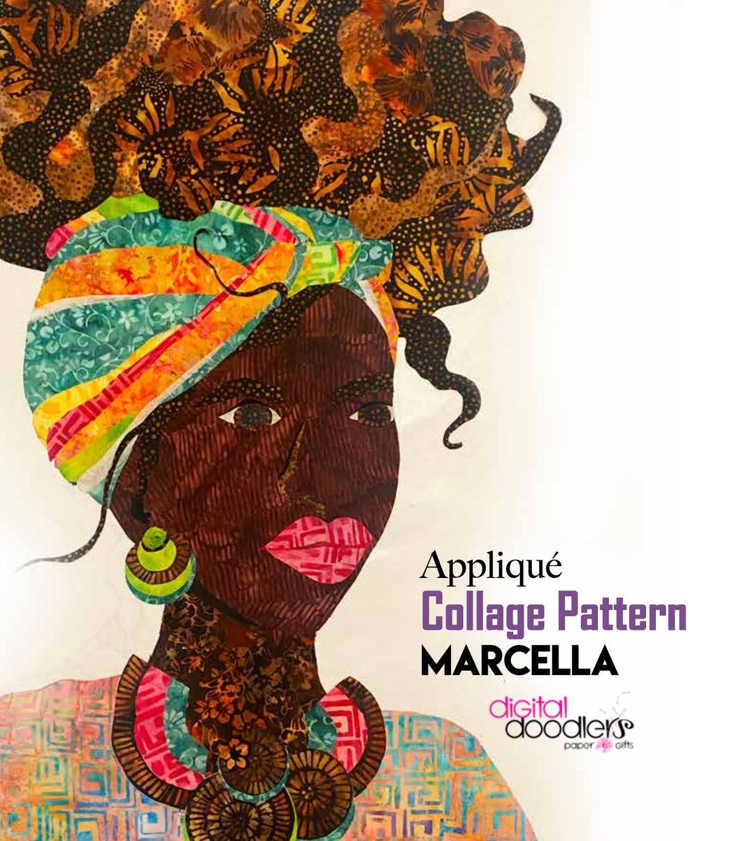 African Inspired Appliqué Pattern, Fun Diverse Fabric Collage Art ...