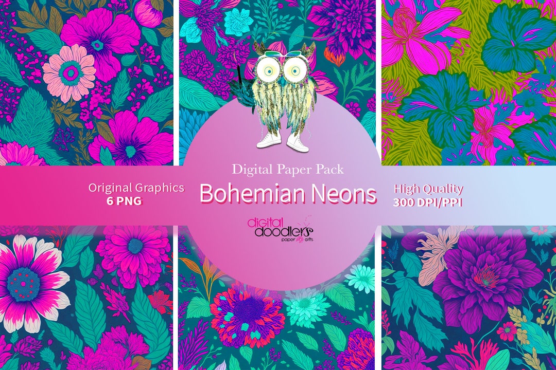 Bohemian Neon Floral Digital Paper Was Inspired by a Hand Painted Mixed ...