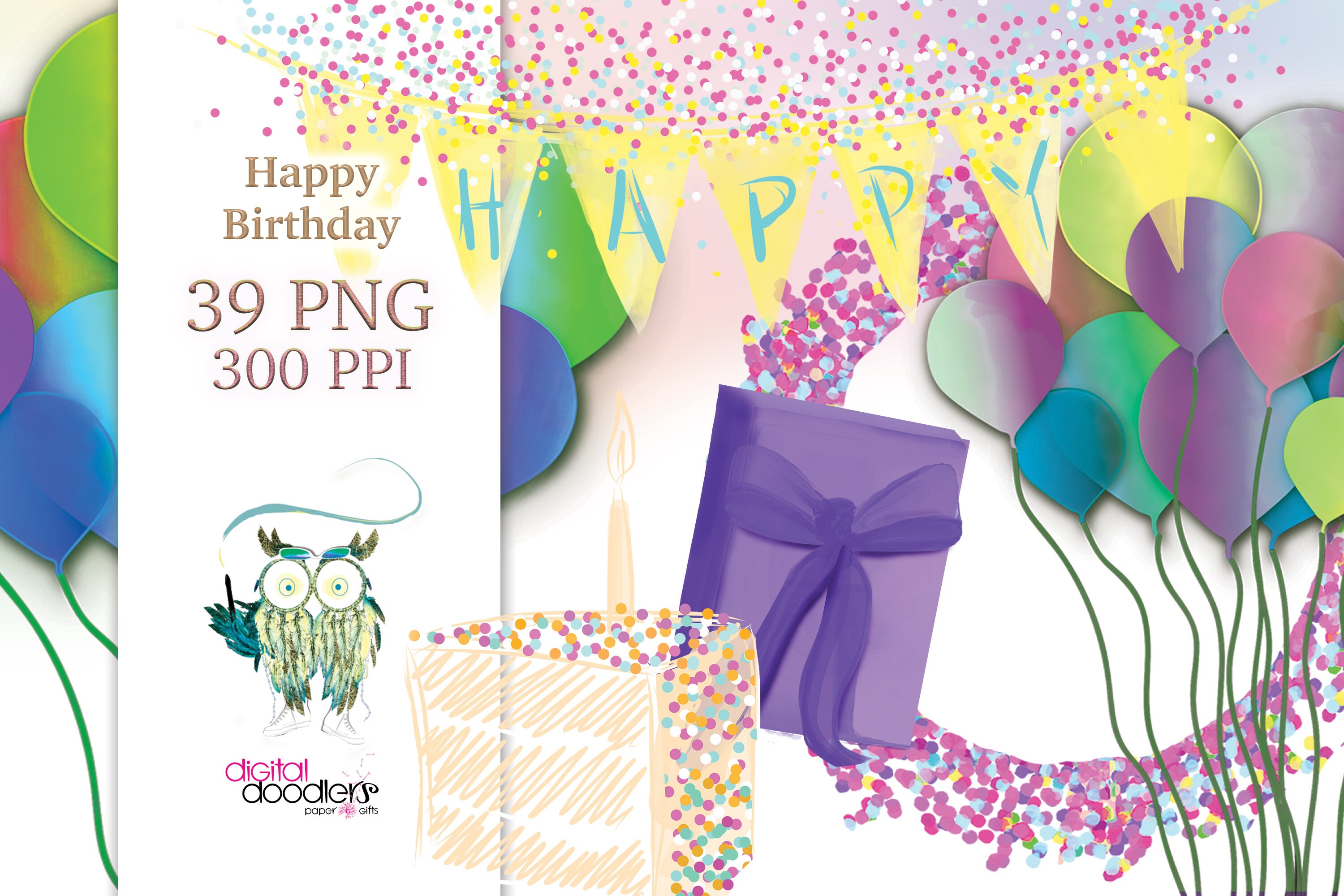 Happy Birthday Clipart Digital Confetti Banner Balloons - Etsy