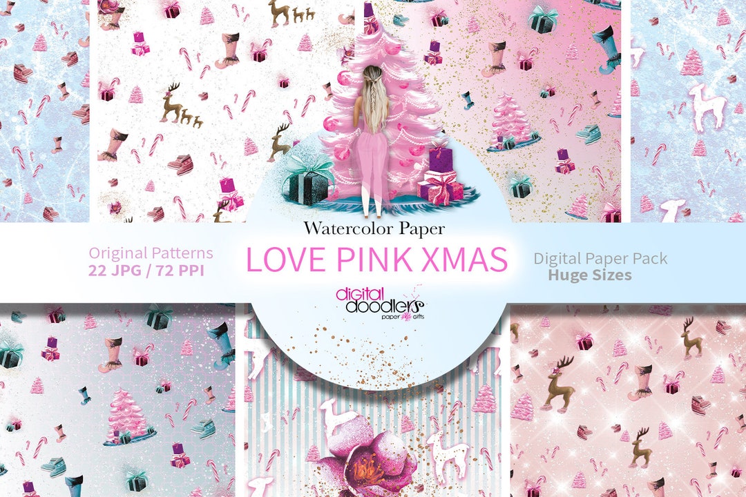 Love Pink Xmas Digital Paper, Watercolor Christmas Paper, Pink Ombre ...