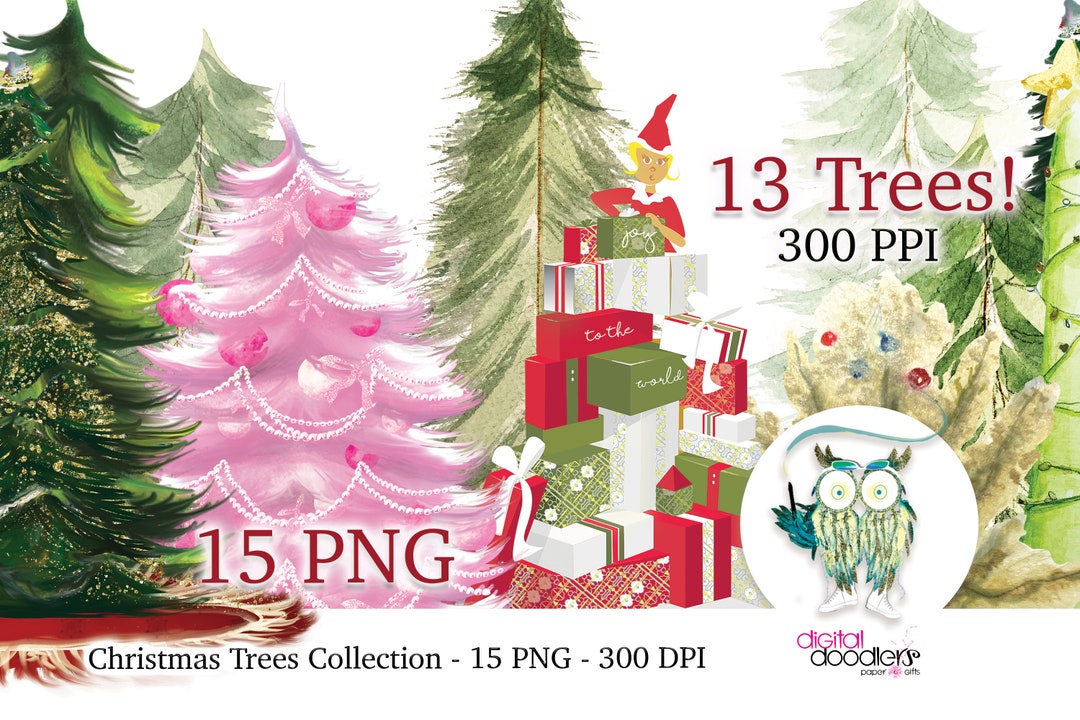 Christmas Tree Clipart Bundle, Painted Xmas Tree PNG, Evergreen Trees ...