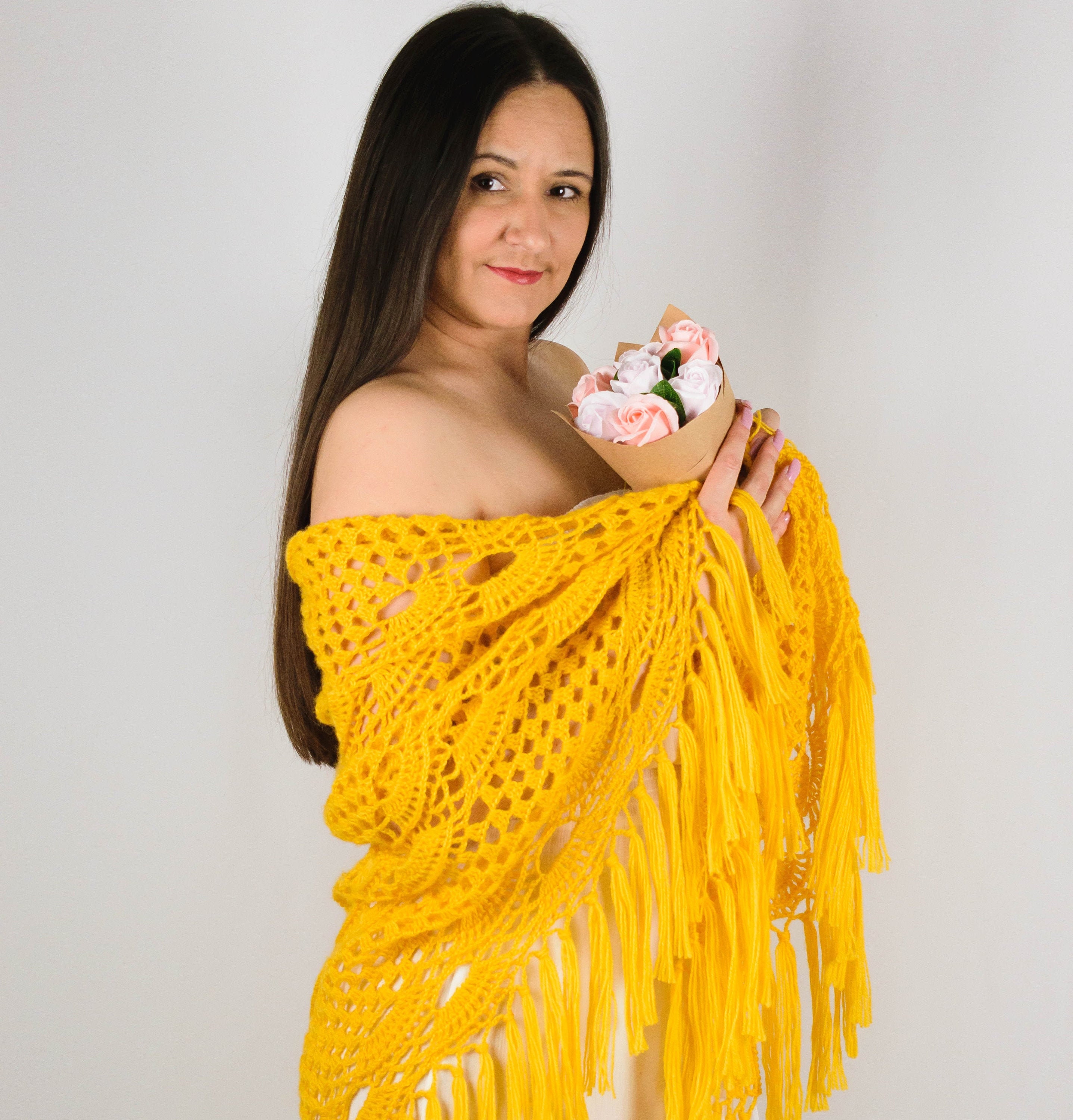 Mohair Yellow Crochet Shawl Scarf/Crochet Lace Triangular | Etsy