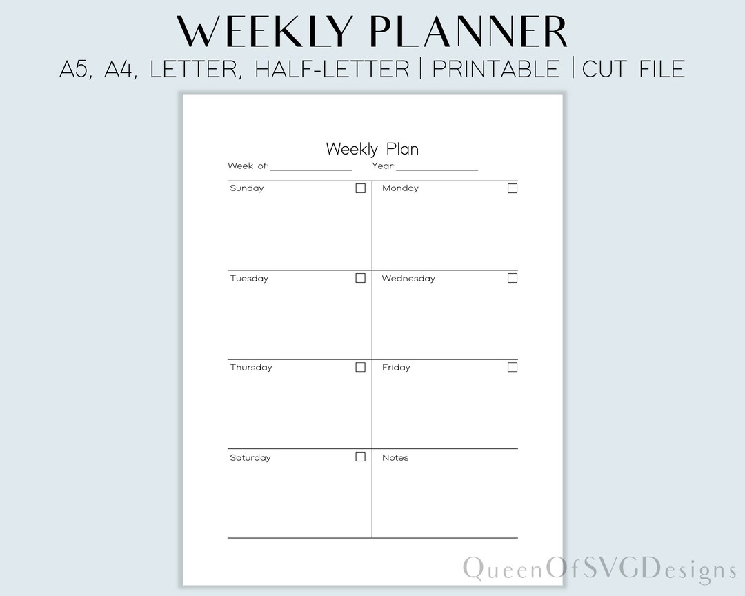 Weekly Planner | Printable | PDF | SVG | Minimalist | Letter, A4, A5 ...