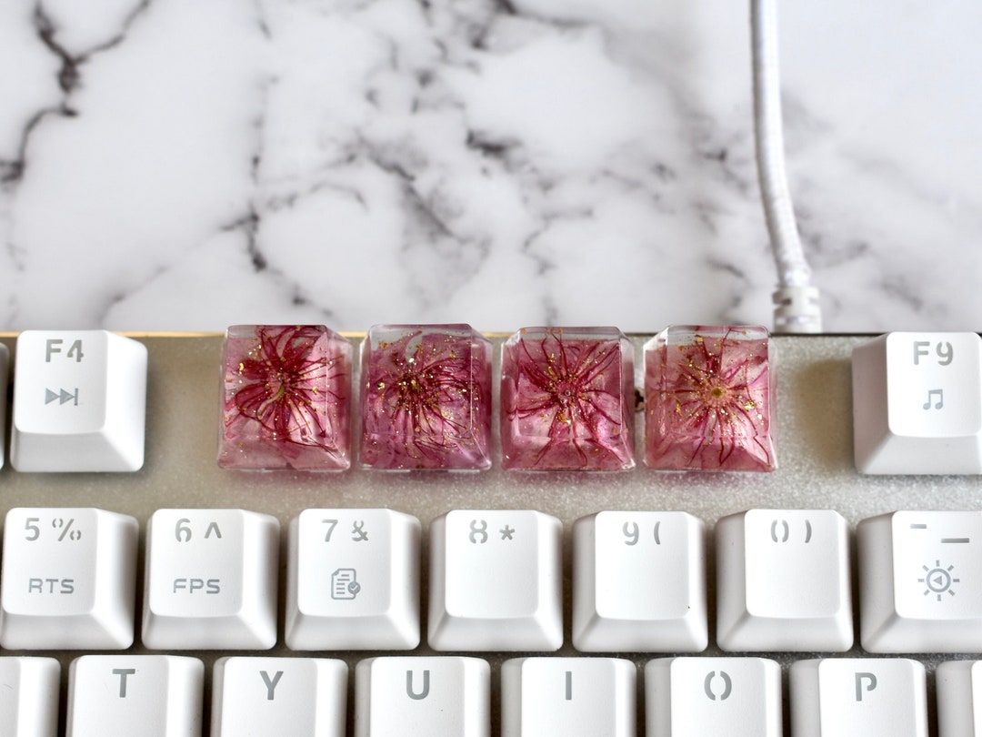 4PCS Resin Keycaps Set With Natural Cherry Blossoms and Golden Flakes ...