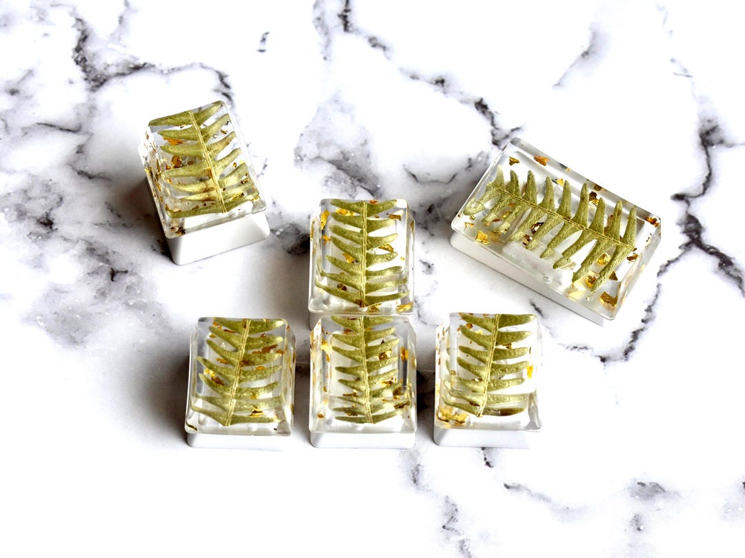 FINAL STOCK | 6PCS Resin Keycaps Set With Green Fern Leaves and Golden ...