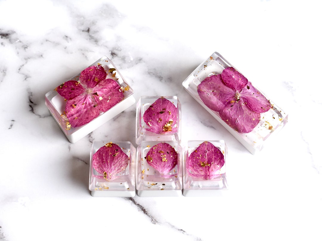 6PCS Floral Resin Keycaps Set With Natural Flowers and Gold Flakes for ...