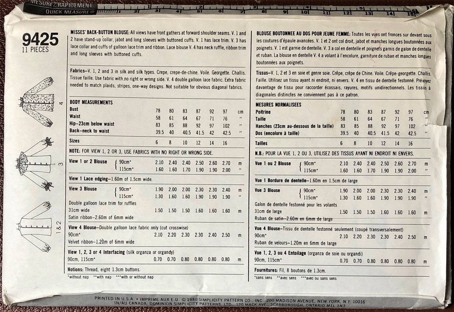 Vintage Ruffled or Full Lace Blouse Sewing Pattern Simplicity 9425 ...