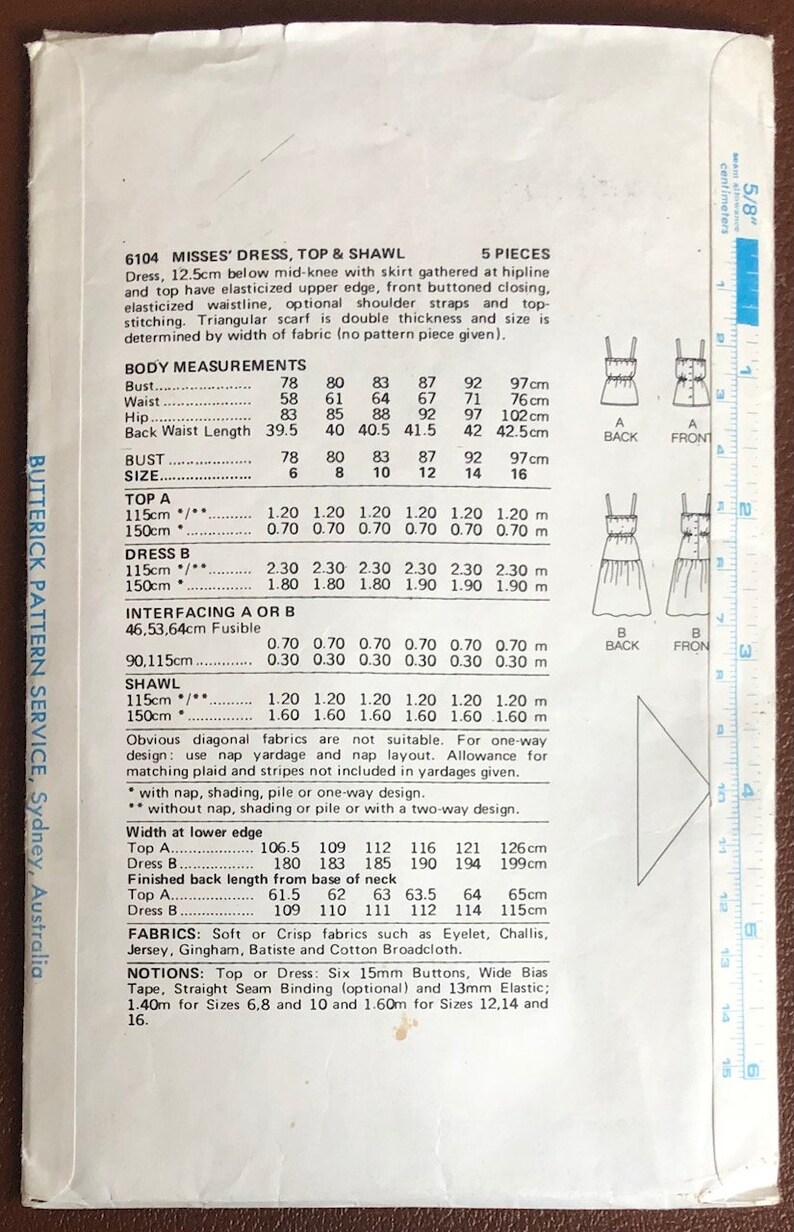 Pretty Vintage Dress, Top or Shawl Sewing Pattern Butterick 6104. Size ...