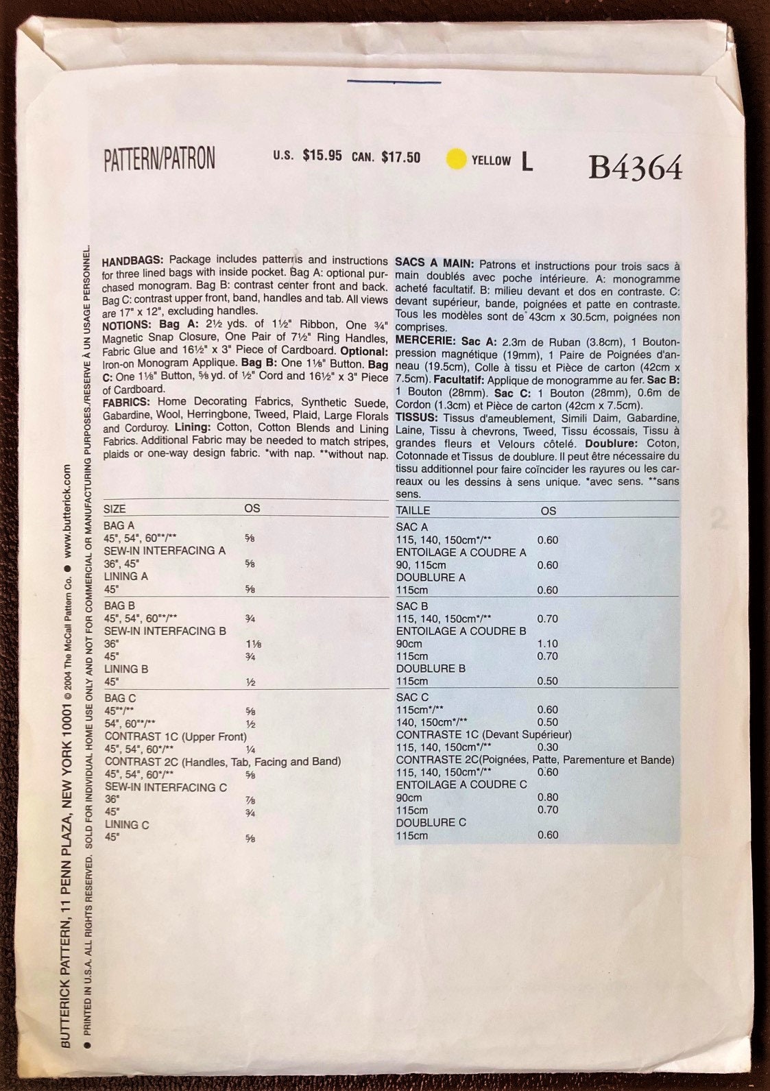 Handbags, Purses Sewing Pattern Butterick 4364. Size: 17x12. Get ...