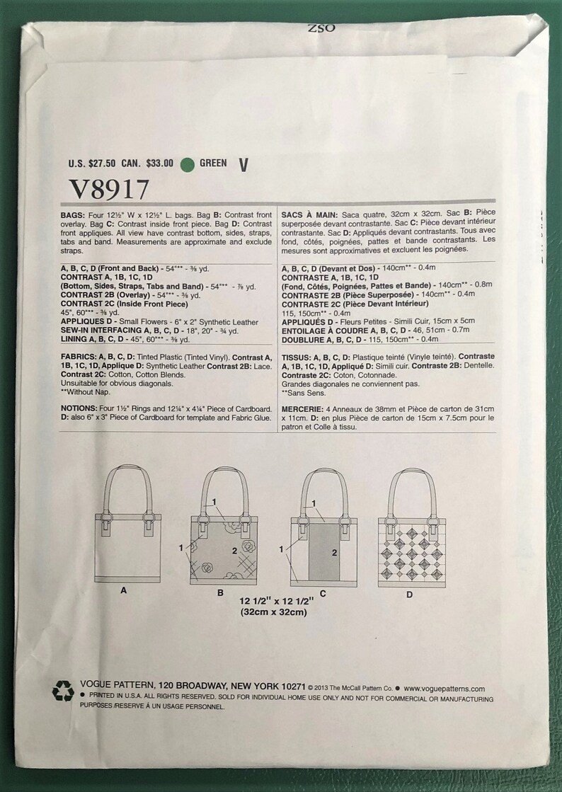 Fun Tote Bags Sewing Pattern Vogue 8917. Size: 12.5" X 12.5" Tinted ...