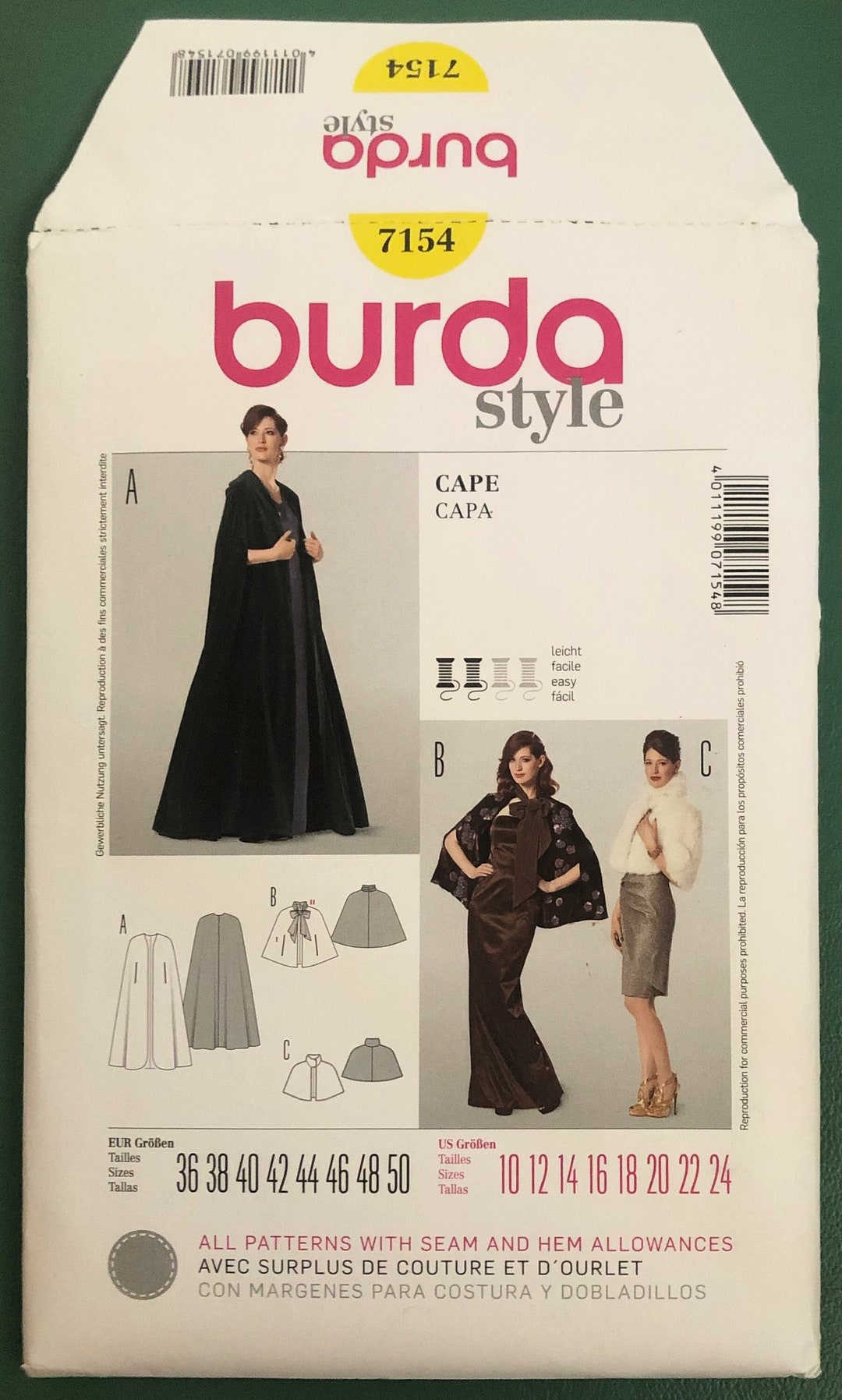 Dramatic & Luxurious Capes and Capelet Sewing Pattern Burda 7154. Size ...