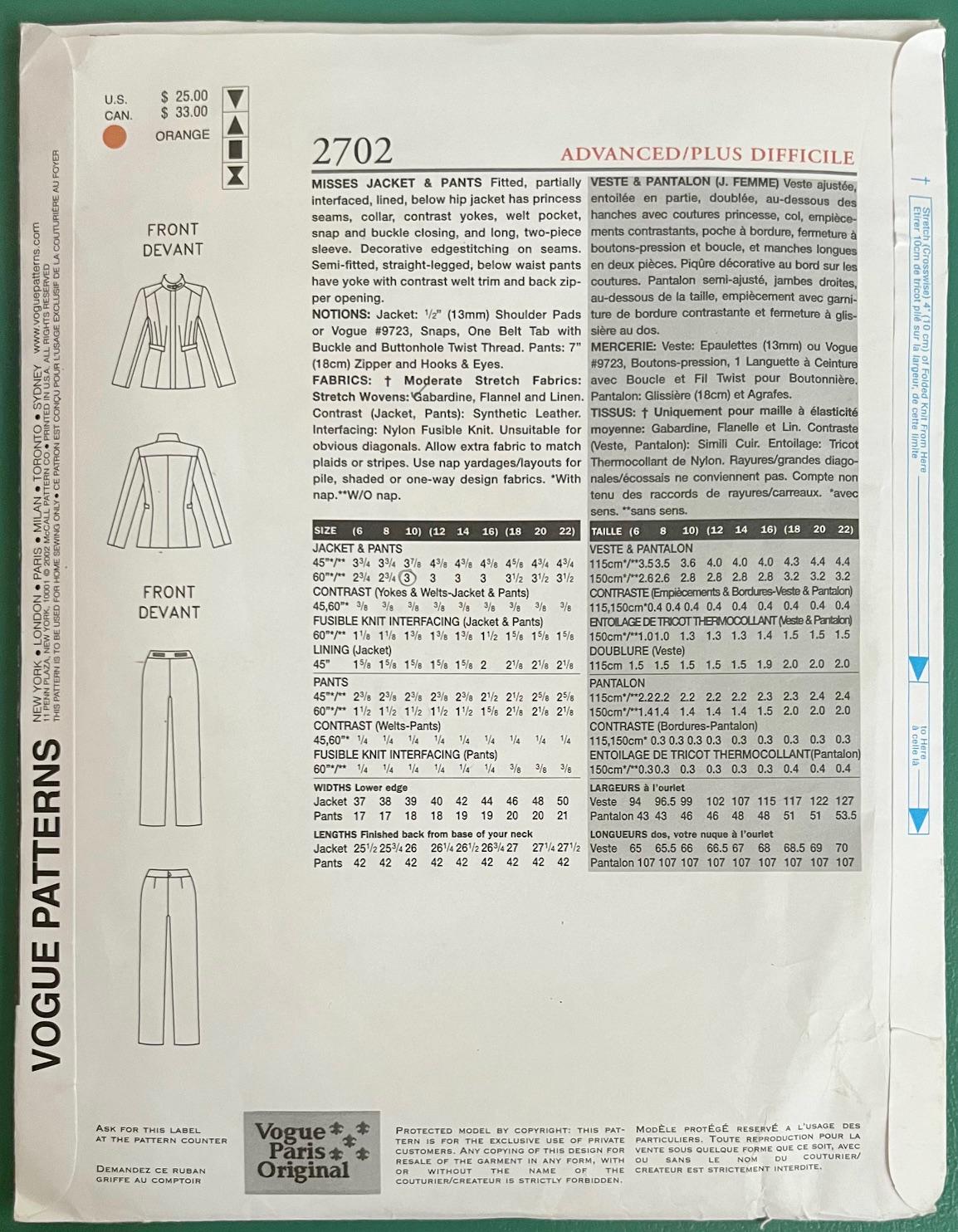 Vintage 2002, Designer Montana Statement Pantsuit Sewing Pattern Vogue ...