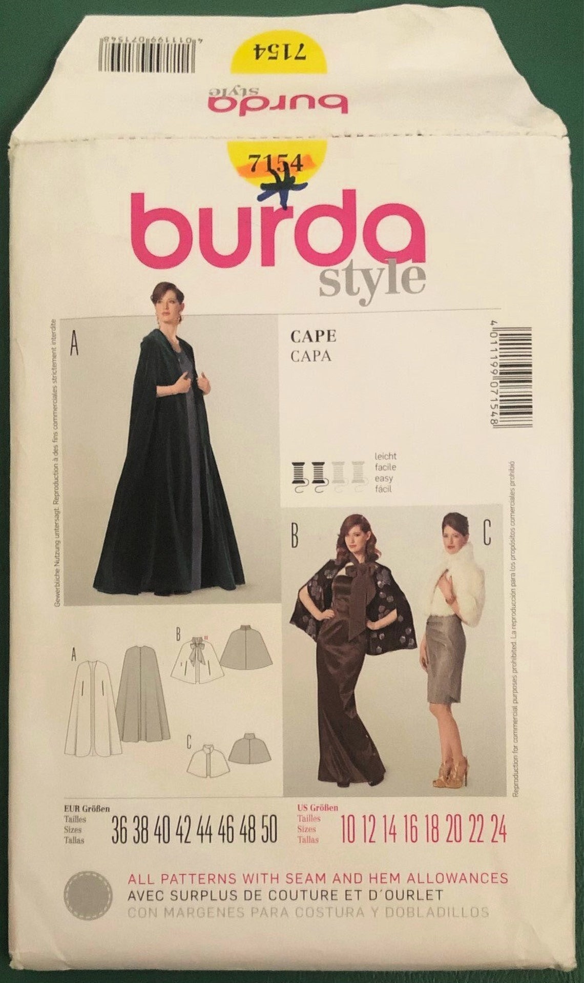 Dramatic & Luxurious Capes and Capelet Sewing Pattern Burda 7154. Size ...