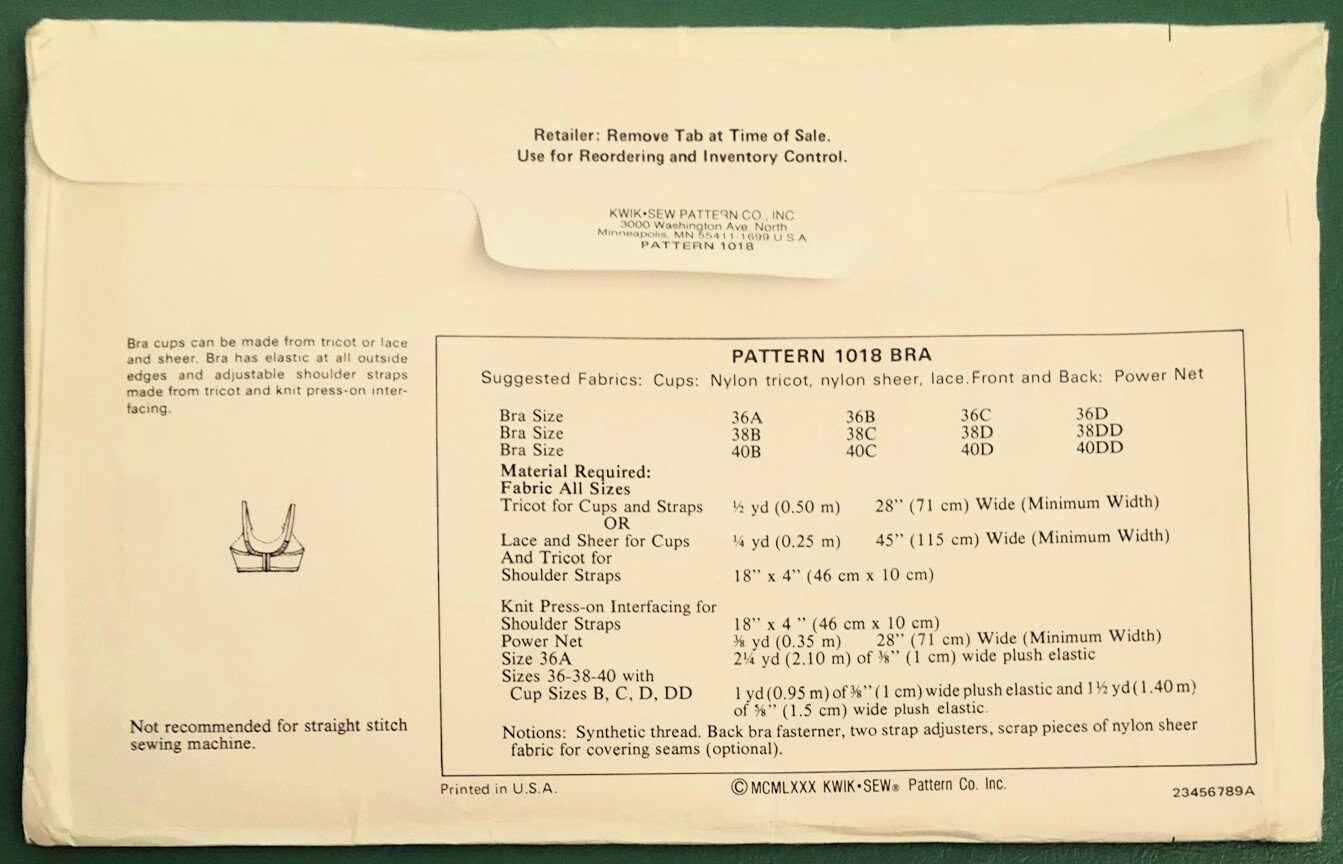 Pretty, Vintage Brassiere Sewing Pattern Kwik Sew 1018. Cup Sizes A to ...