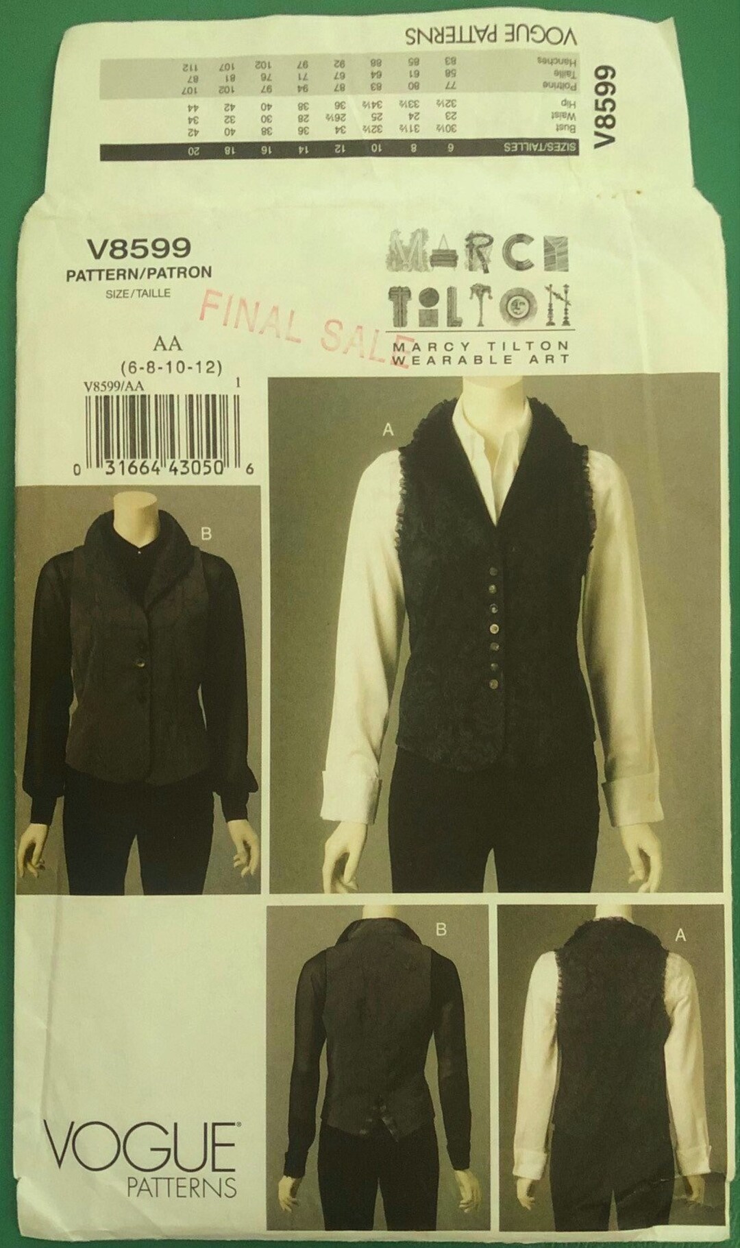 Art to Wear Vest Designed by Marcy Tilton Sewing Pattern Vogue 8599 ...