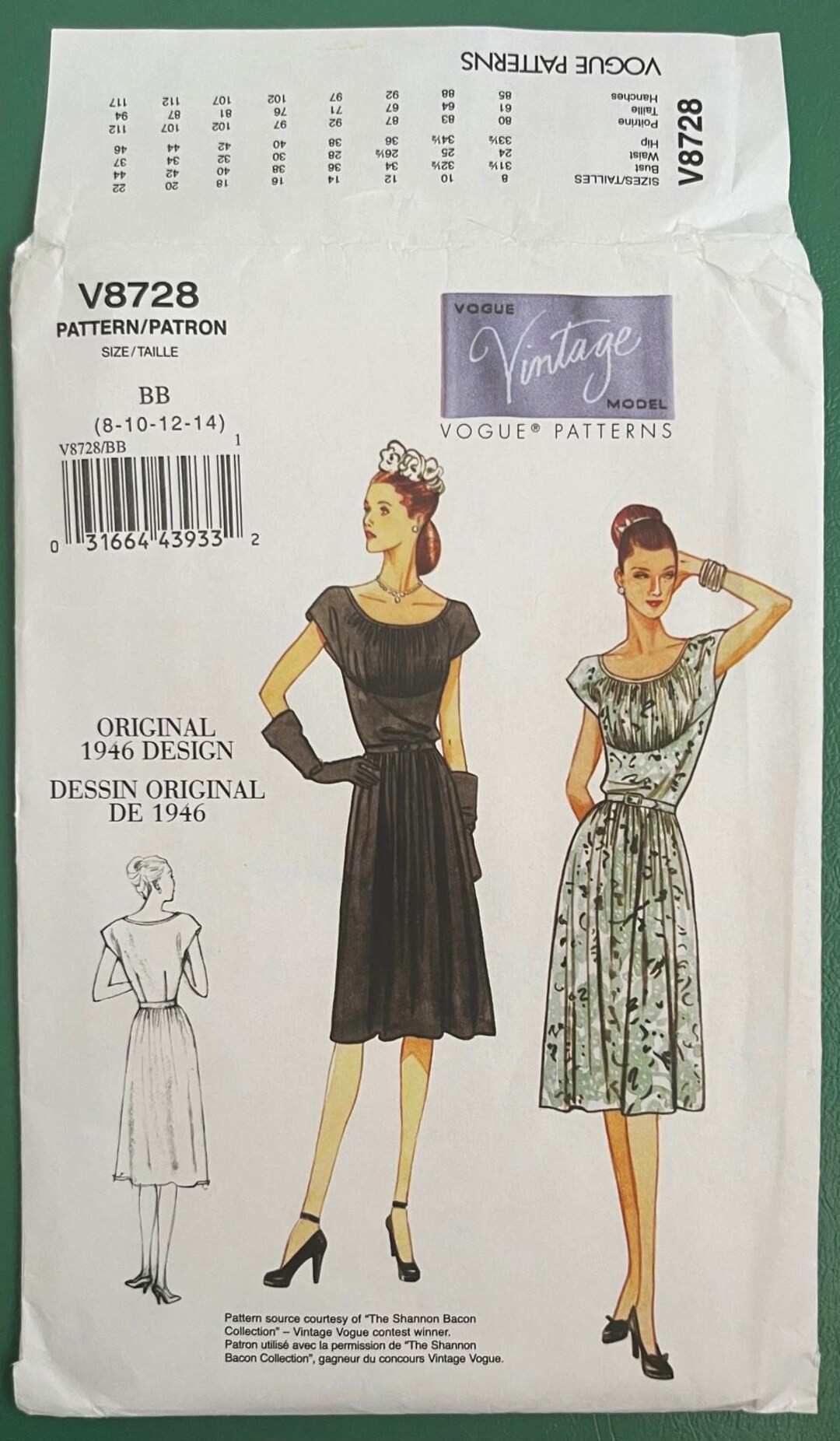 1946 Reproduction Dress and Belt Sewing Pattern Vogue Vintage Model ...