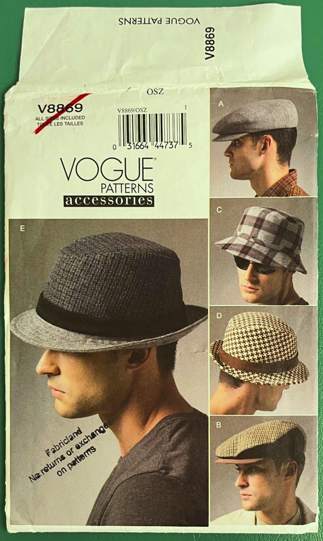 5 Cool Lined Men's Hats Sewing Pattern Vogue Accessories 8869. Head ...