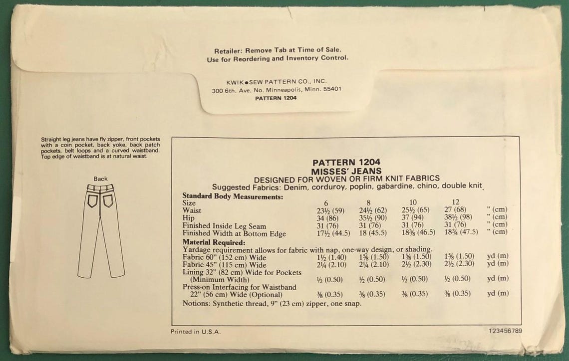 Vintage 80's, Straight Leg Jeans Sewing Pattern Kwik Sew 1204. Size 6 ...