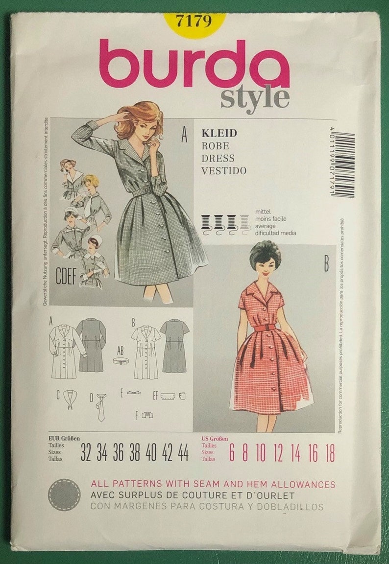 1950s Style Shirt Dress With Full Skirt, Sleeve Options & Accessories Sewing Pattern Burda 7179 ...