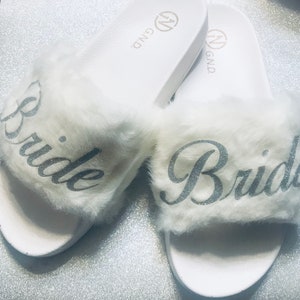 Bride Faux White Fur- Mrs. Slides, Personalized Bride Slides ...