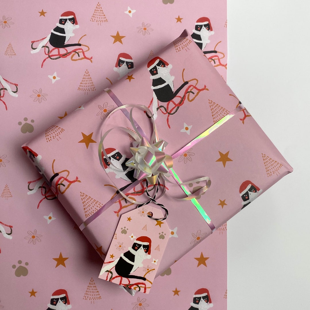 Cat Christmas Wrapping Paper. Xmas Cat Gift Wrap. Pink Wrapping Paper ...