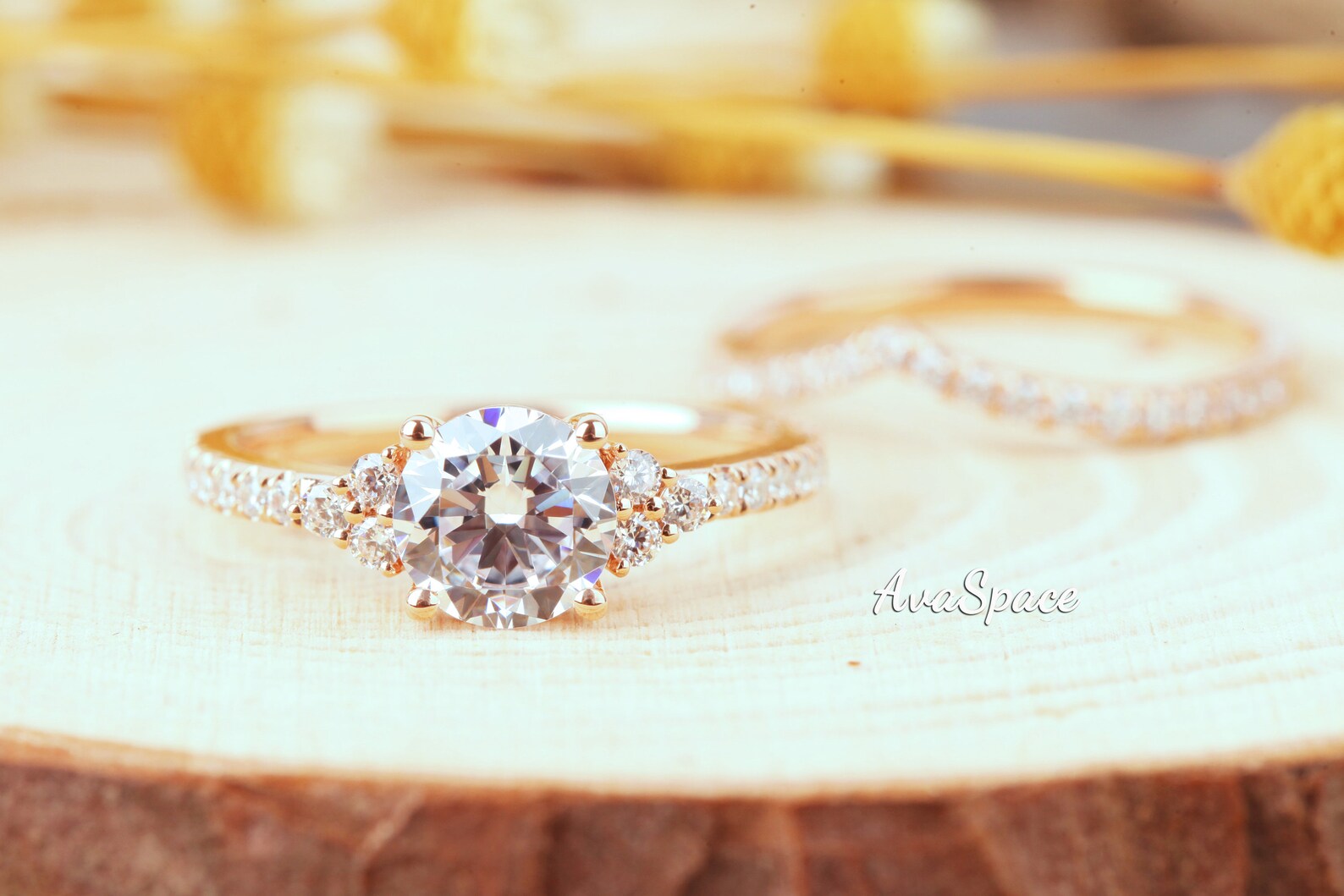 Vintage Moissanite Engagement Ring Set Rose Gold 7 Stones 6.5mm Round ...