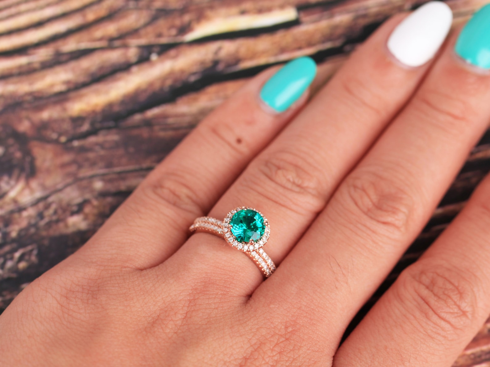 Emerald Engagement Ring Rose Gold Emerald Wedding Ring Set - Etsy
