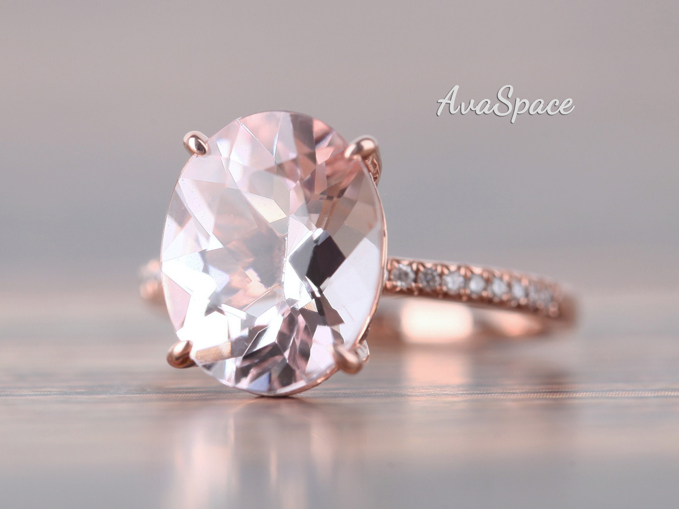 Oval Morganite Engagement Ring Solitaire Unique 14K Rose Gold Oval ...