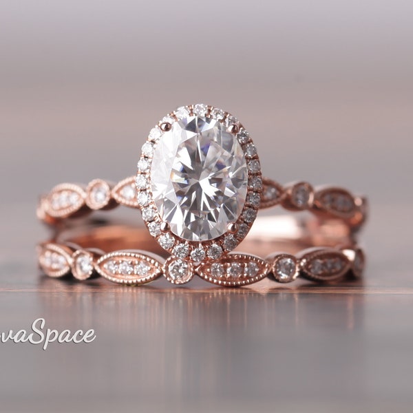 Dainty 14k Rose Gold Art Deco Moissanite Engagement Rings Set, - Etsy