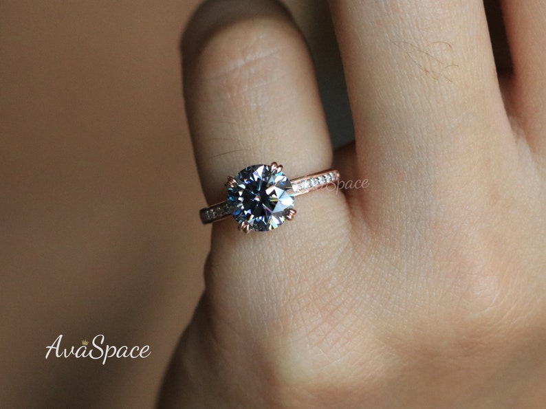 Grey Blue Moissanite Engagement Ring 8mm Round Moissanite Ring Unique ...