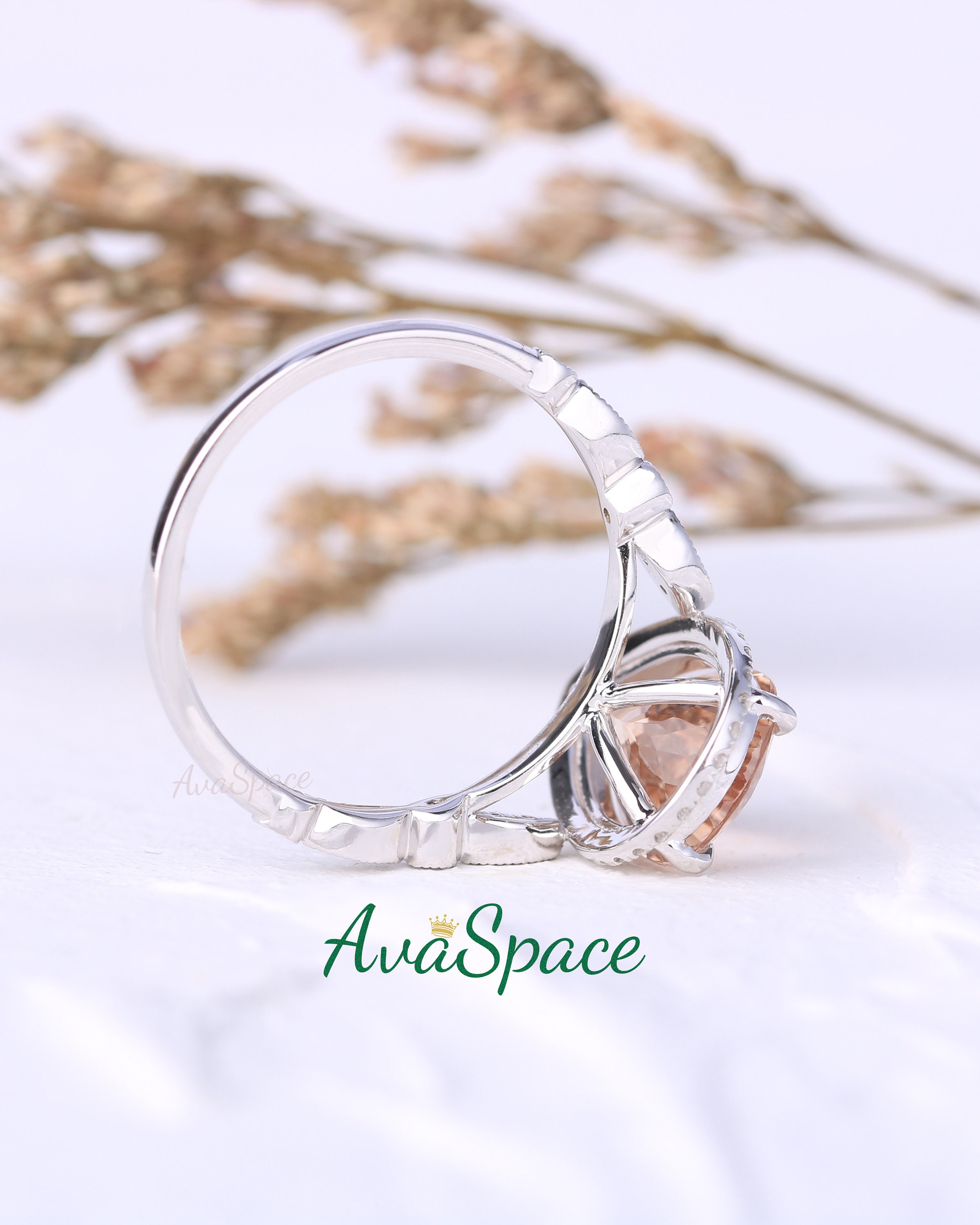 Peachy Morganite Engagement Ring Unique 14K White Gold Ring | Etsy