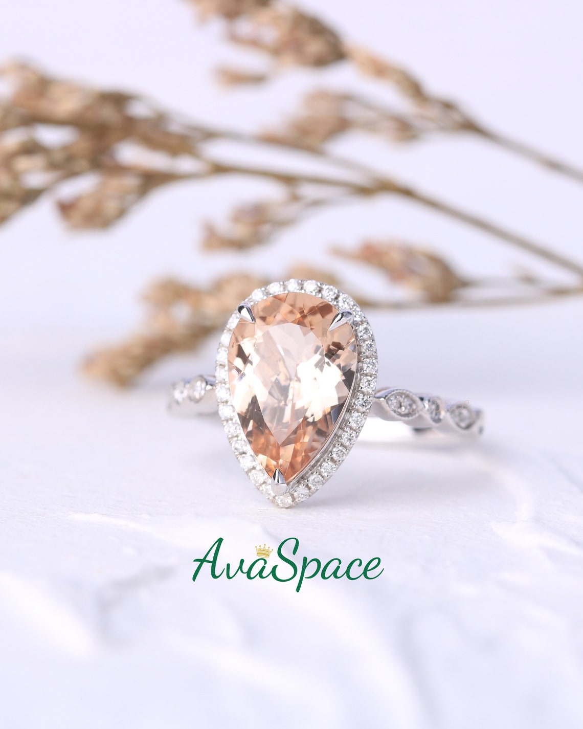 Peachy Morganite Engagement Ring Unique 14K White Gold Ring - Etsy