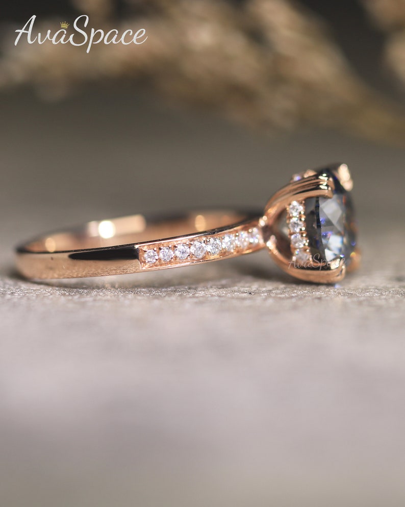 Grey Blue Moissanite Engagement Ring 8mm Round Moissanite Ring Unique ...